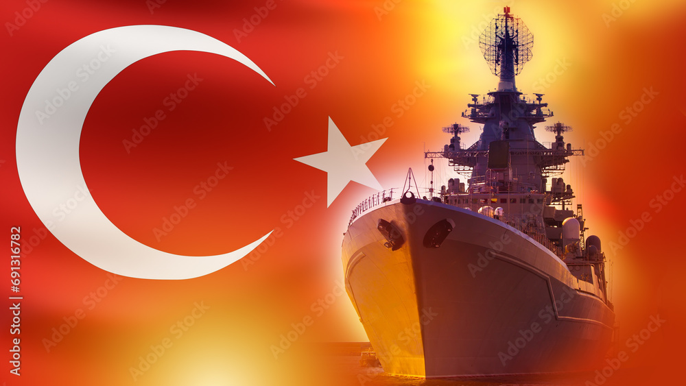 Turkish navy. Warship with national flag. Sea vessel for patrolling ...