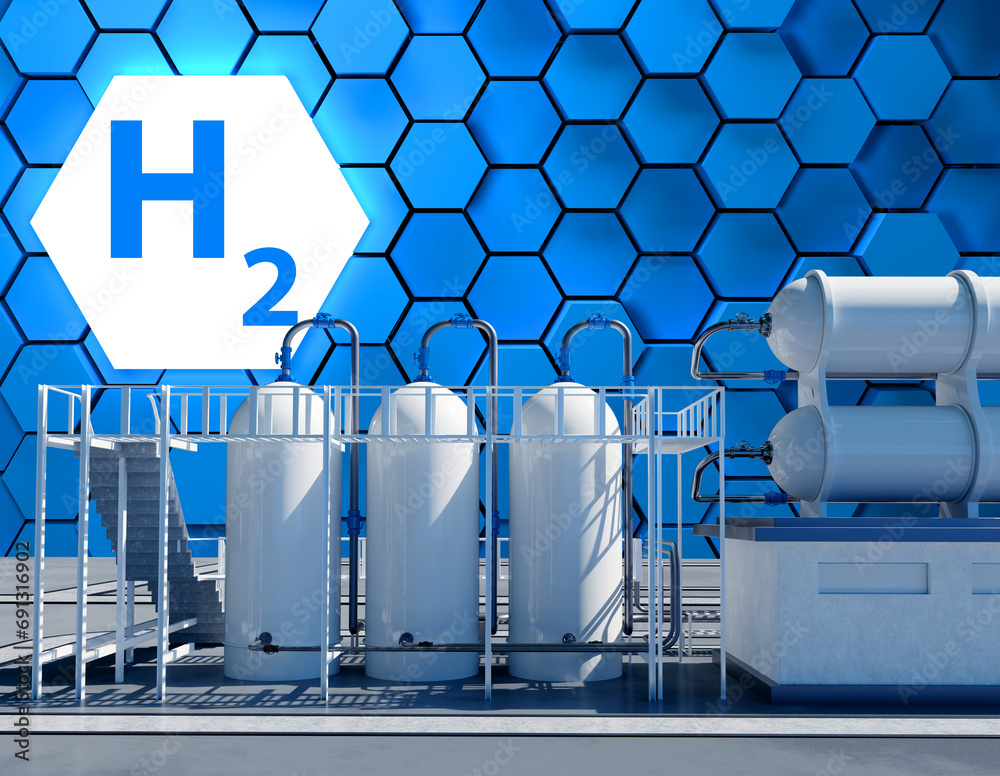 Hydrogen factory. H2 logo near factory equipment. High pressure tanks for hydrogen gas. H2 ...
