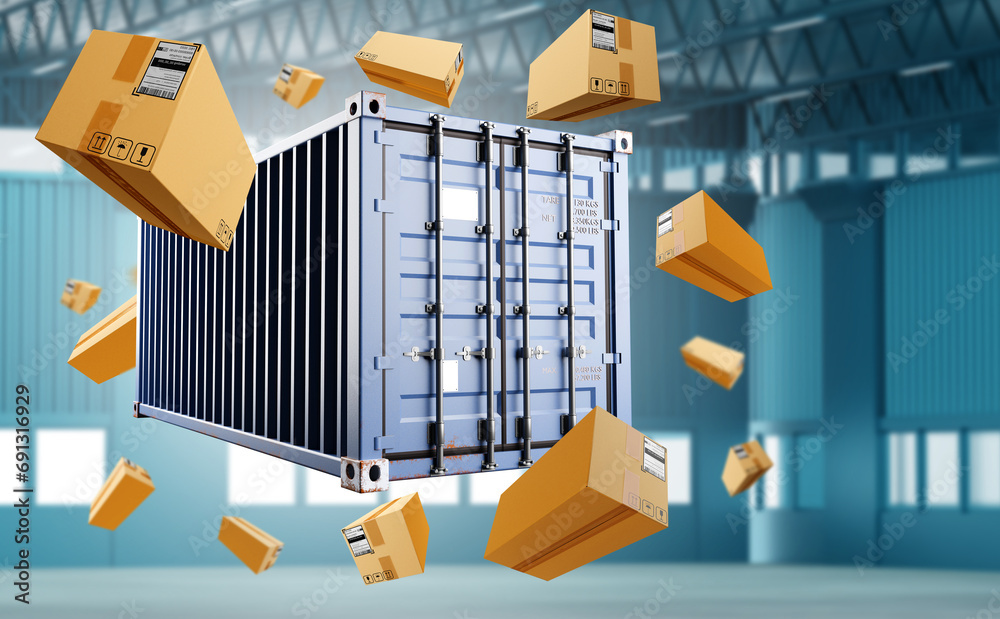 Sea freight container. Flying boxes inside warehouse. Closed container ...