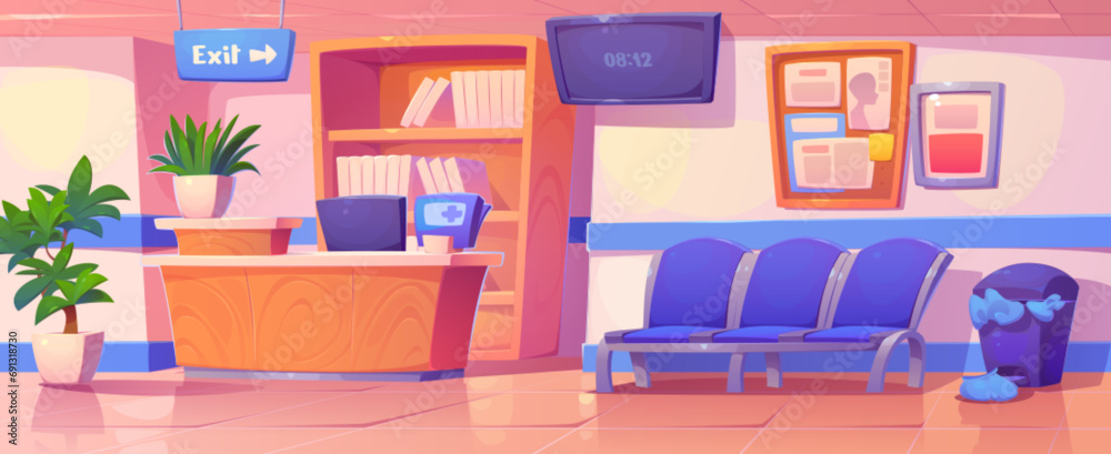 Hospital lobby interior design. Vector cartoon illustration of ...
