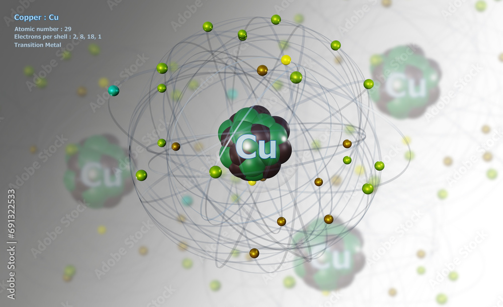 Atom of Copper with detailed Core and its 29 Electrons on white with ...