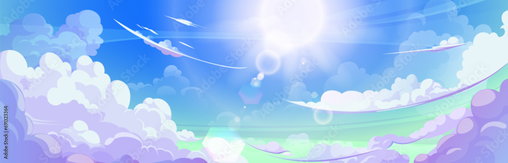 Anime style sky with clouds and sun. Vector cartoon illustration of ...