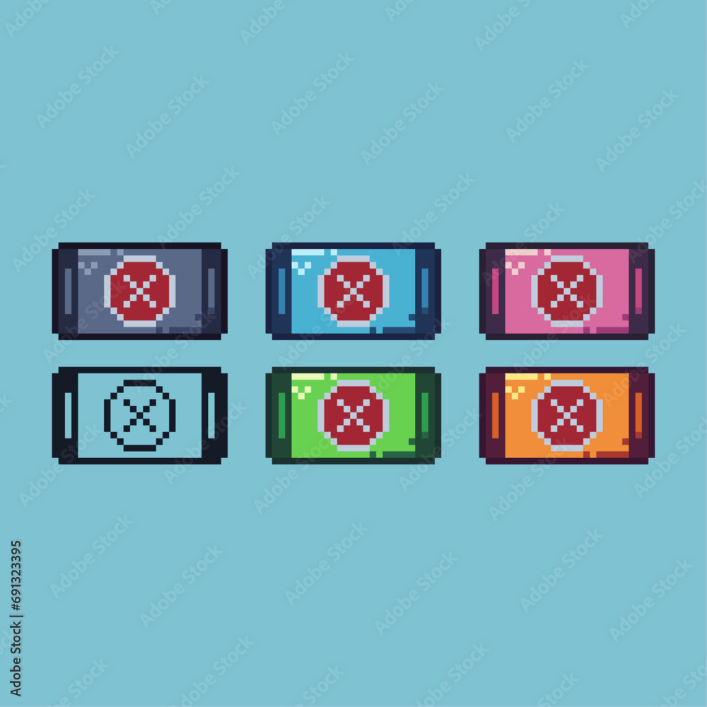 Pixel art sets of handphone warning icon with variation color item ...