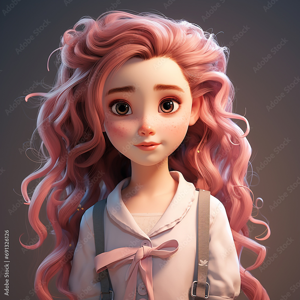 3d Cartoon Illustration Of A Cute Young Girl With Big Eyes And Long