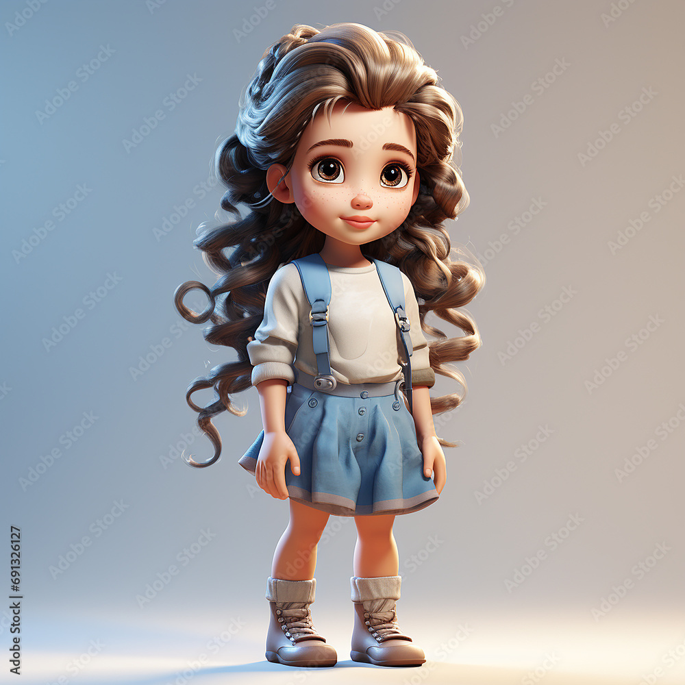 3d Cartoon Illustration Of A Cute Young Girl With Big Eyes And Long