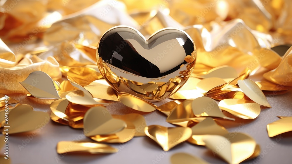 Golden glossy heart 3D background. Gold realistic metal heart. Happy ...