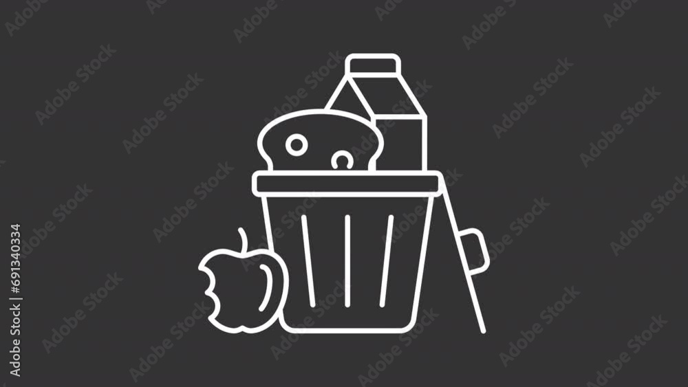 Organic waste white line animation. Garbage bin and food animated icon ...