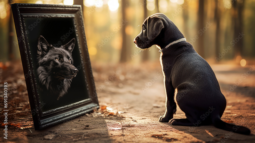 Black Labrador Puppy Looking at a Mirror and Seeing His Reflection as a ...