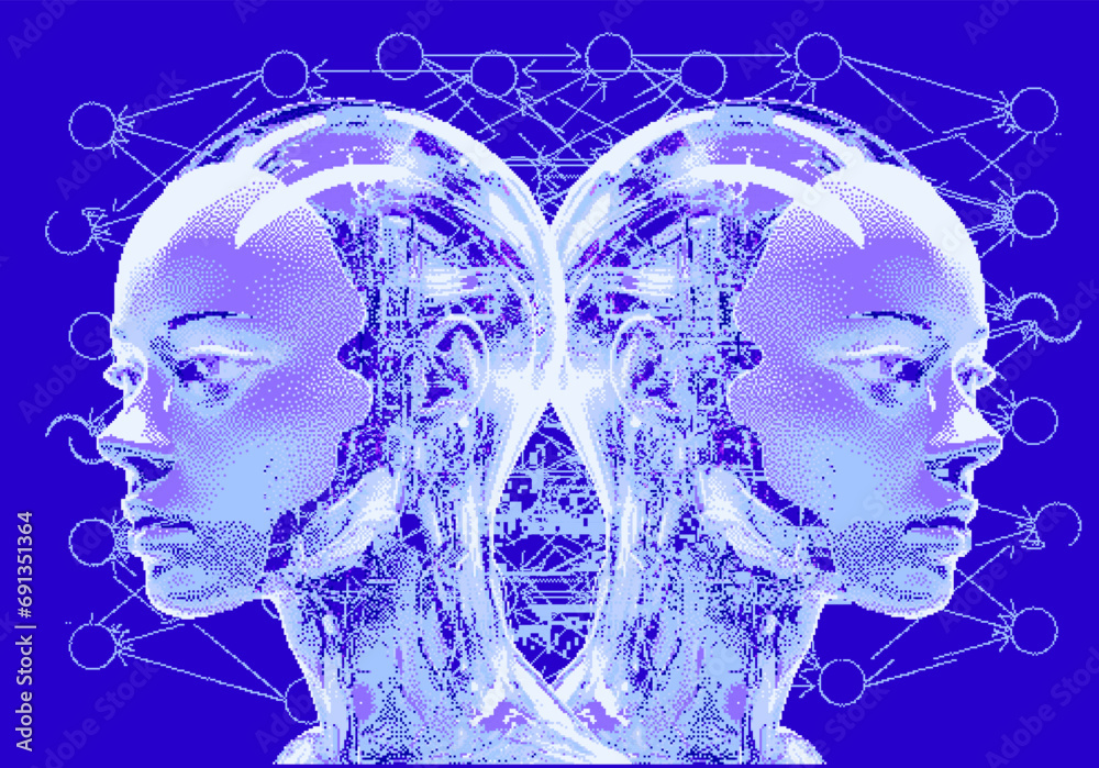 Pixel art of an artificial robotic humanoid head with wires coming from ...