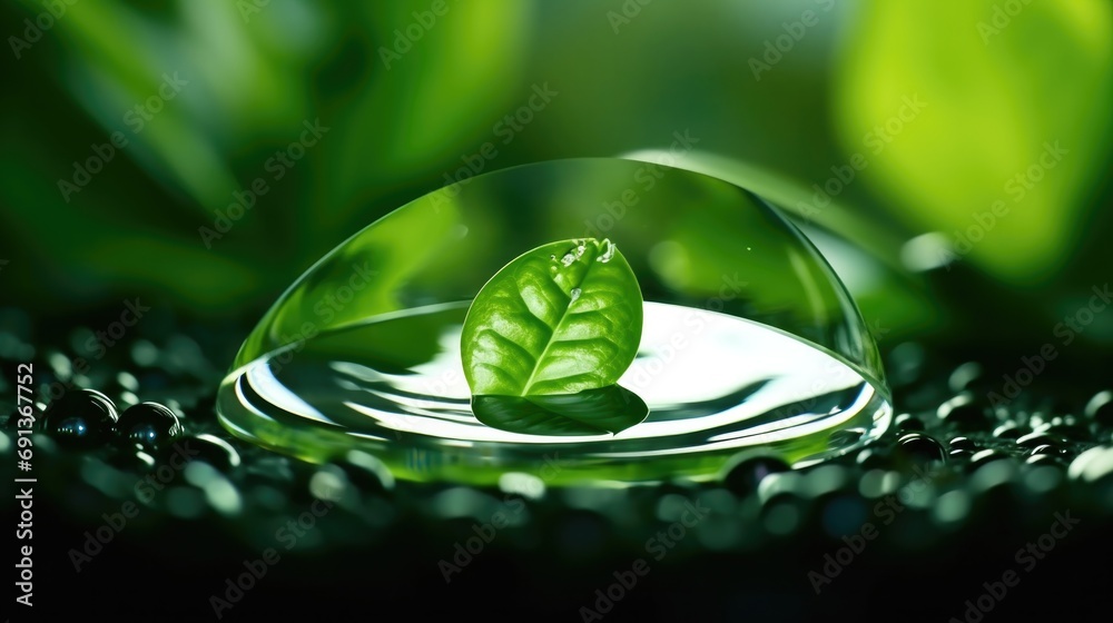 Carbon reduction inside water droplet on green leaf for for decrease ...