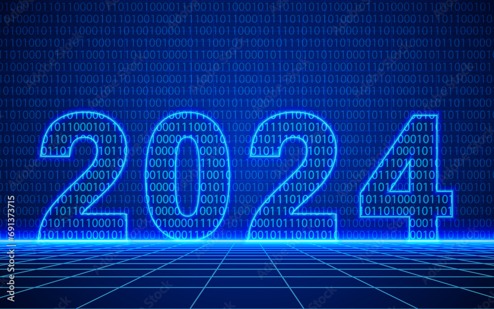 2024 number and binary code with neon outline scene on Futuristic ...