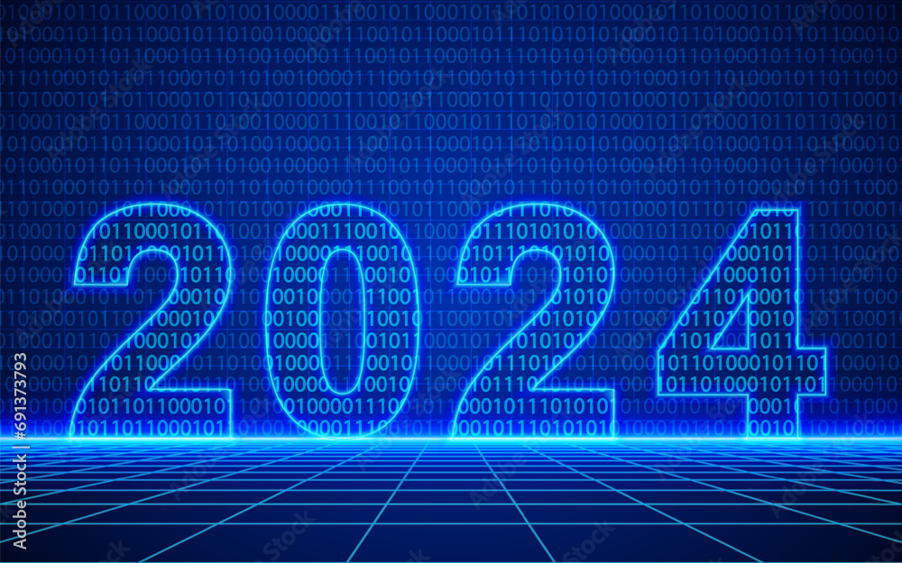2024 number and binary code with neon outline scene on Futuristic ...