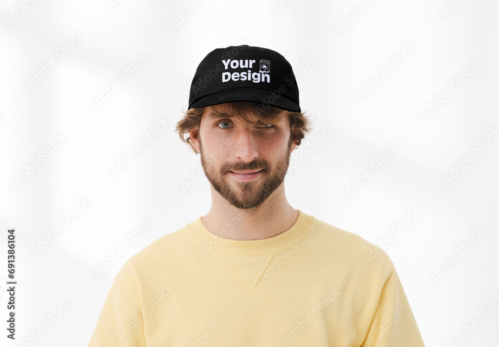 Mockup of man wearing customizable baseball cap, front view Stock ...