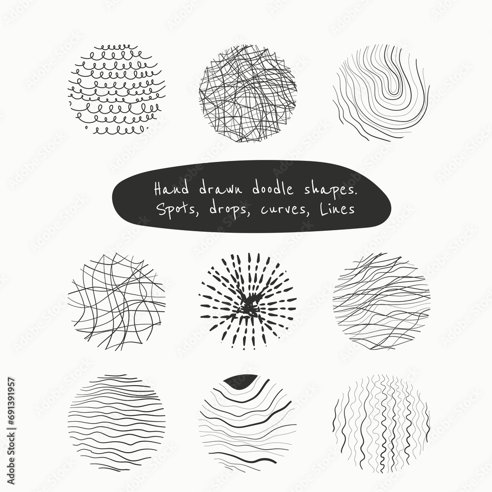 Big Set of round Abstract black Backgrounds or Patterns. Hand drawn ...