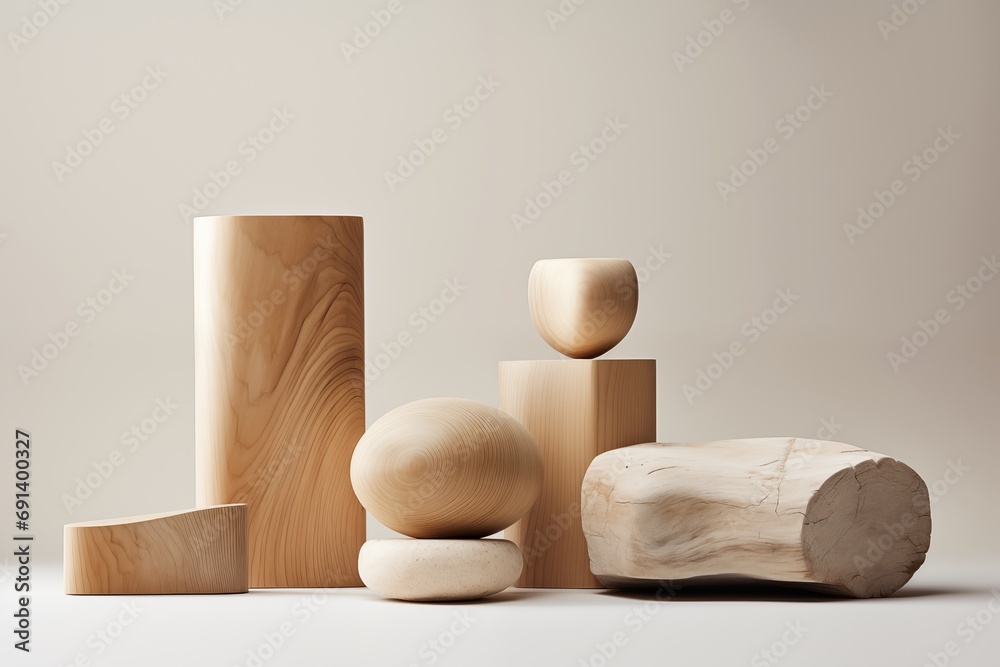 Natural wood and stone product display. light studio background ...