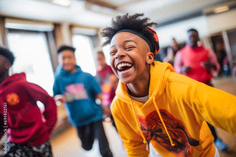 Hip-hop dancers at practice, smiling, singing. Teacher is teaching ...