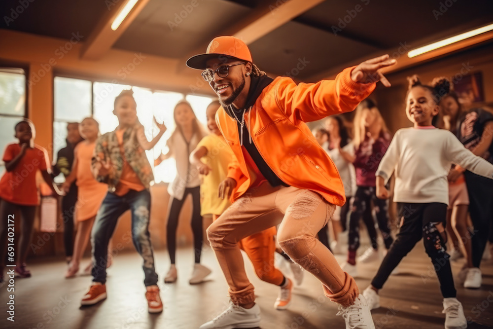 Hip-hop dancers at practice, smiling, singing. Teacher is teaching ...