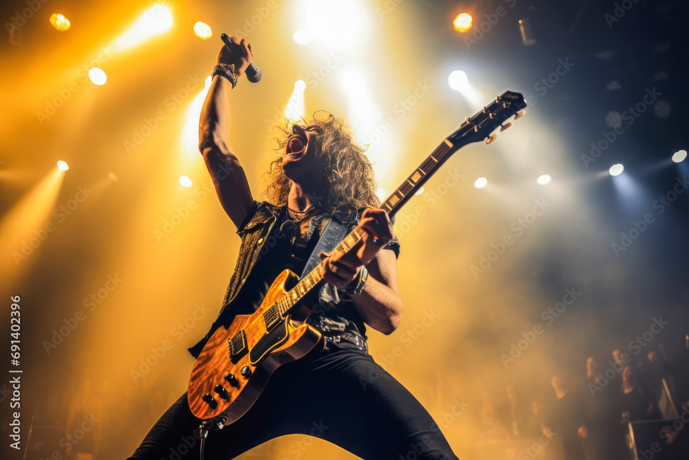 Rock singer on the concert. Male's silhouette illuminated by stage ...