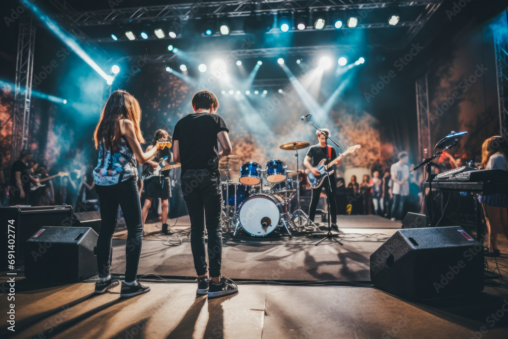 Teenage boy band singing into a microphone in a nightclub. Big pop star ...