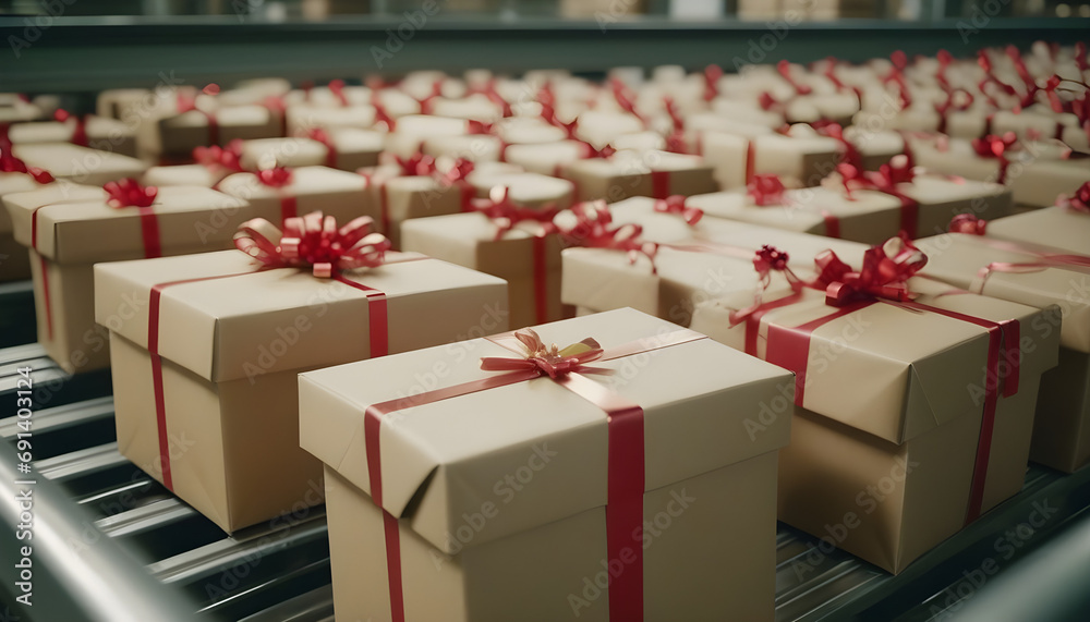 Christmas, valentine day gift box packages seamlessly moving along a ...