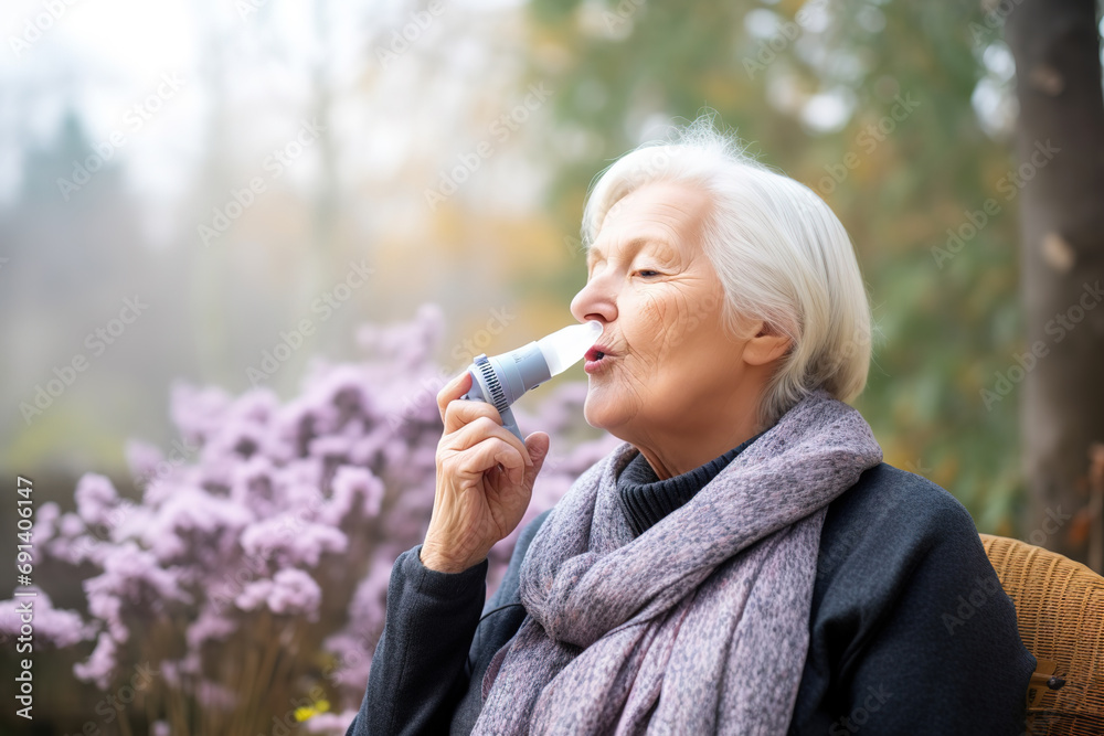 Elderly woman using asthma inhaler while sitting at park due to allergy ...