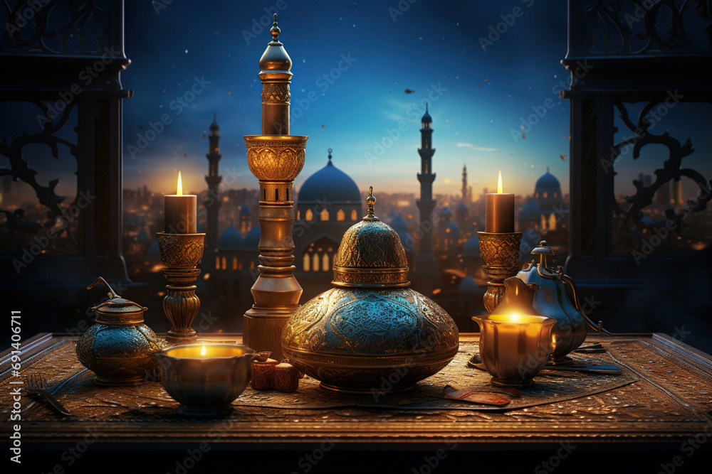 Ornamental Arabic copper objects with burning candle glowing at night ...