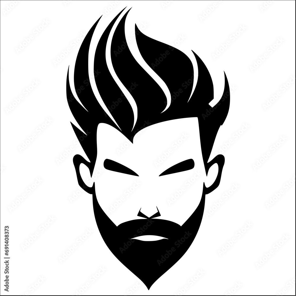 Stylish Man's Head with Symmetric Black Hair, Hand-Drawn Monochrome ...