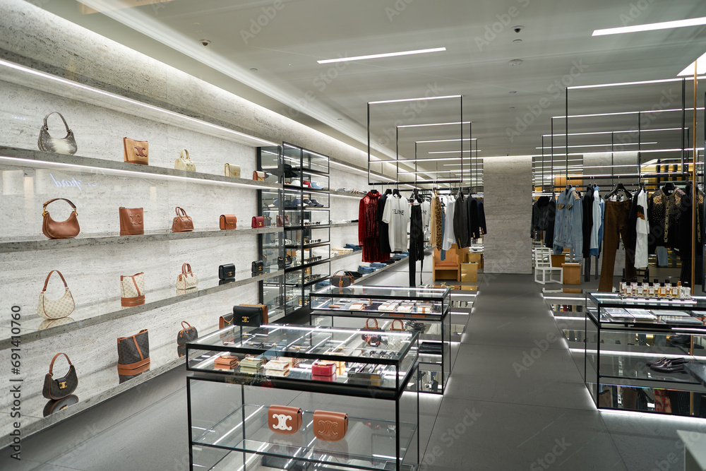 SINGAPORE - NOVEMBER 05, 2023: goods displayed inside Celine store in ...