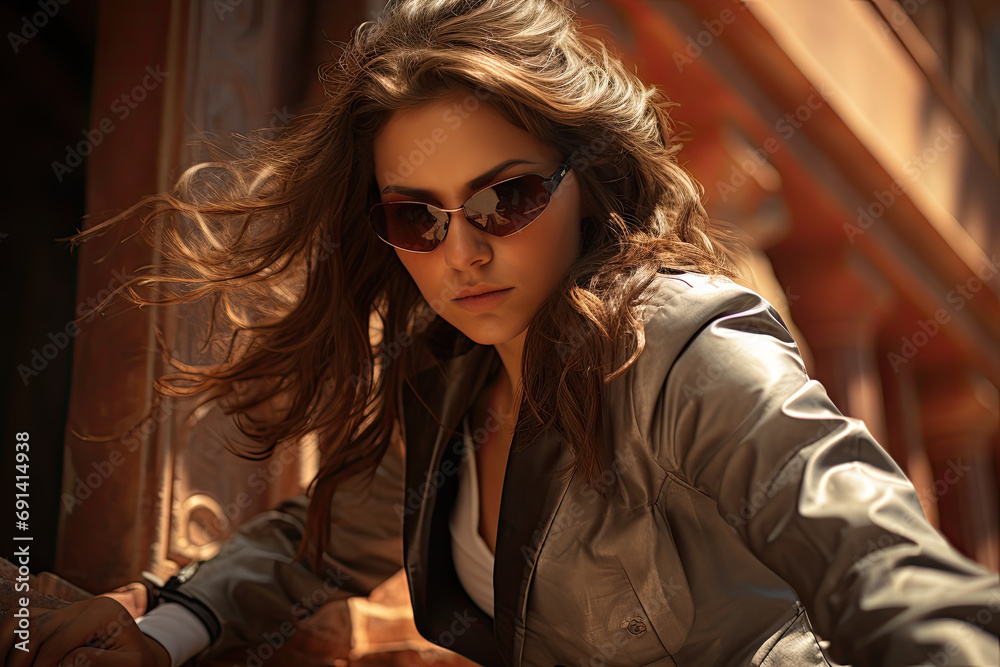 Strict young spy woman in sunglasses is sitting in ambush on a wall in ...