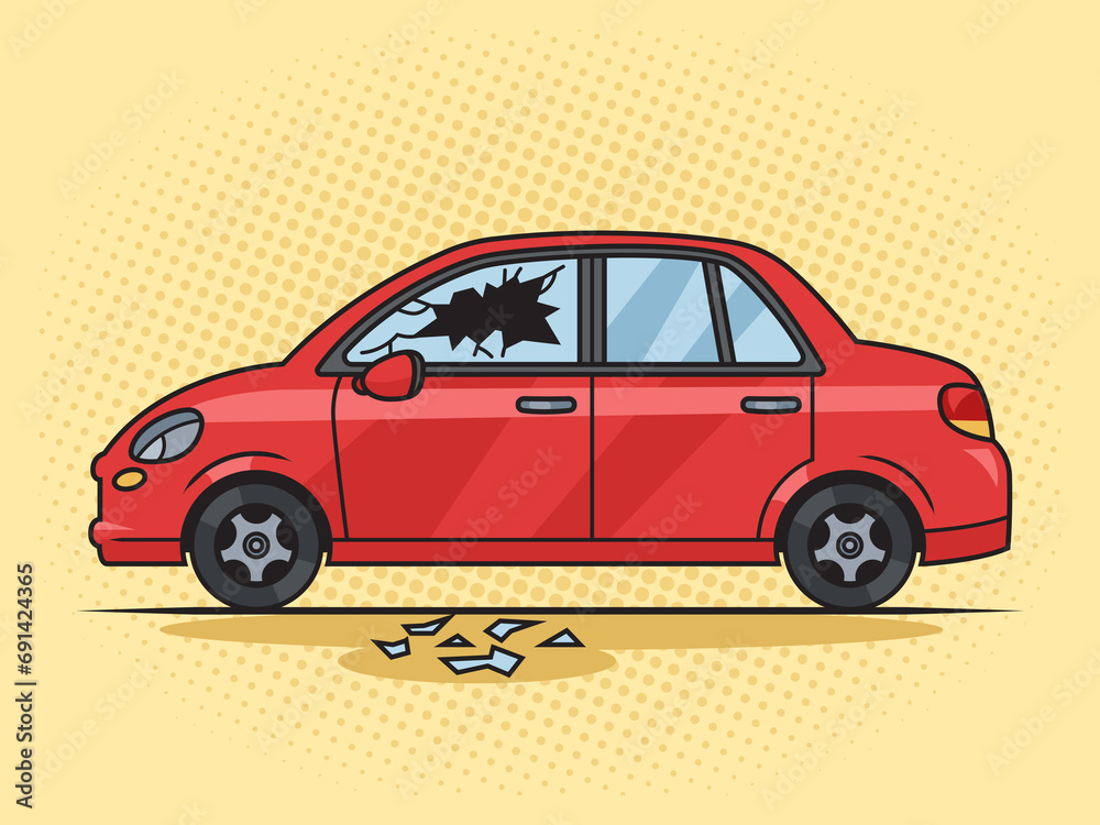 car with a broken window pinup pop art retro hand drawn raster ...