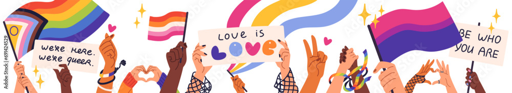 People hold LGBT progressive, lesbian, bisexual flags. Hands with ...