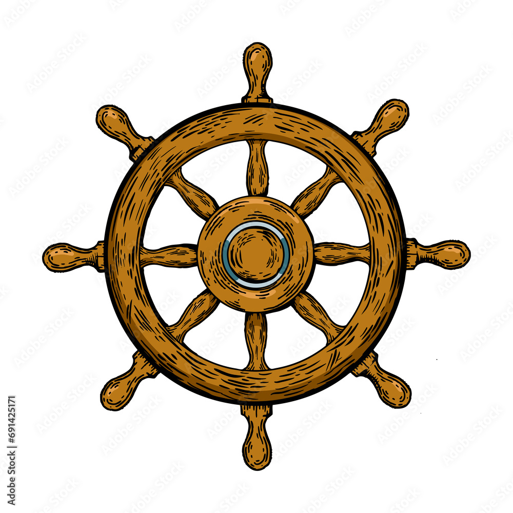 Ship steering wheel engraving sketch style hand drawn color raster ...