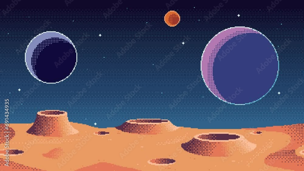 Looping animation of pixel art planet surface background with moons in ...