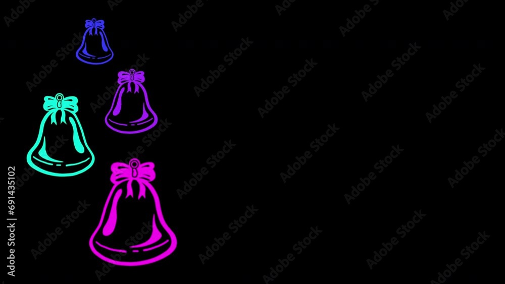 4K design of neon colors Christmas bells flickering on black background ...