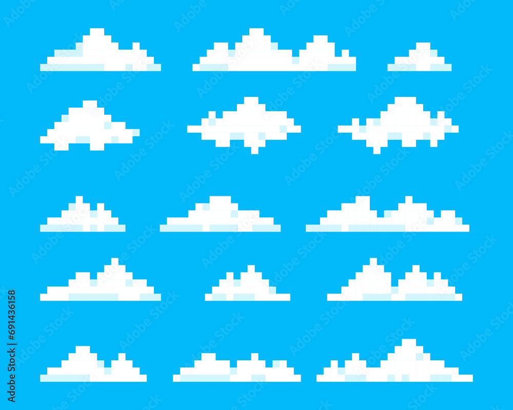Clouds pixel art set, sky elements smoke or fog. 8-bit sprite. Stock ...