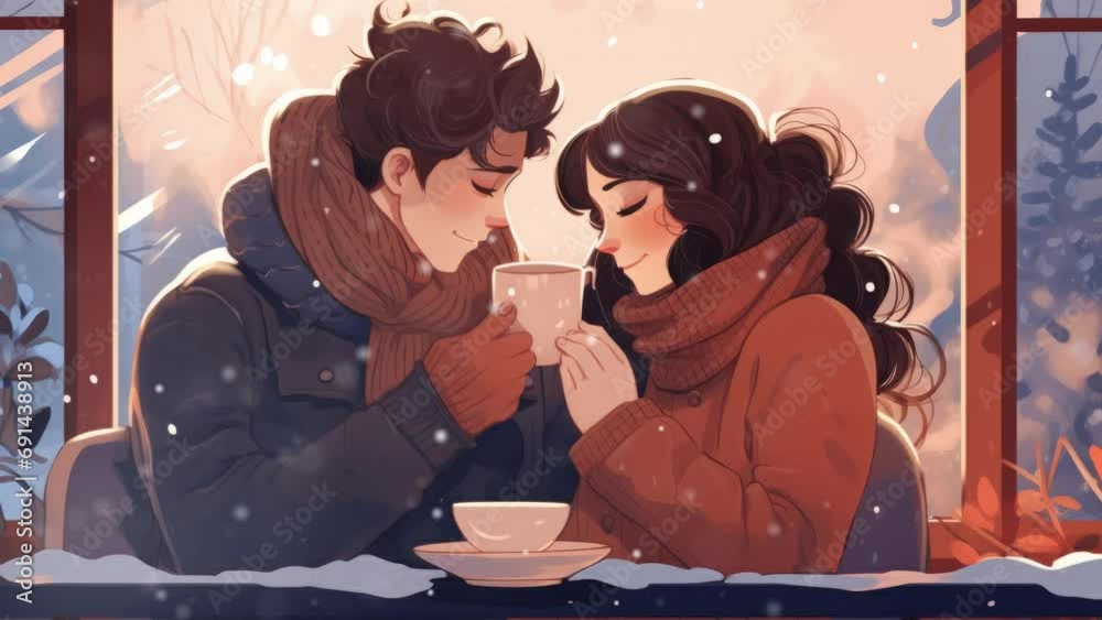 Vídeo do Stock: Winter, snow, love, man and woman A cozy of a couple sipping hot cocoa together ...