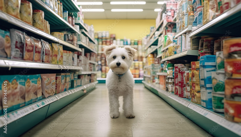 Cute funny dog in grocery store shopping in supermarket. puppy dog ...