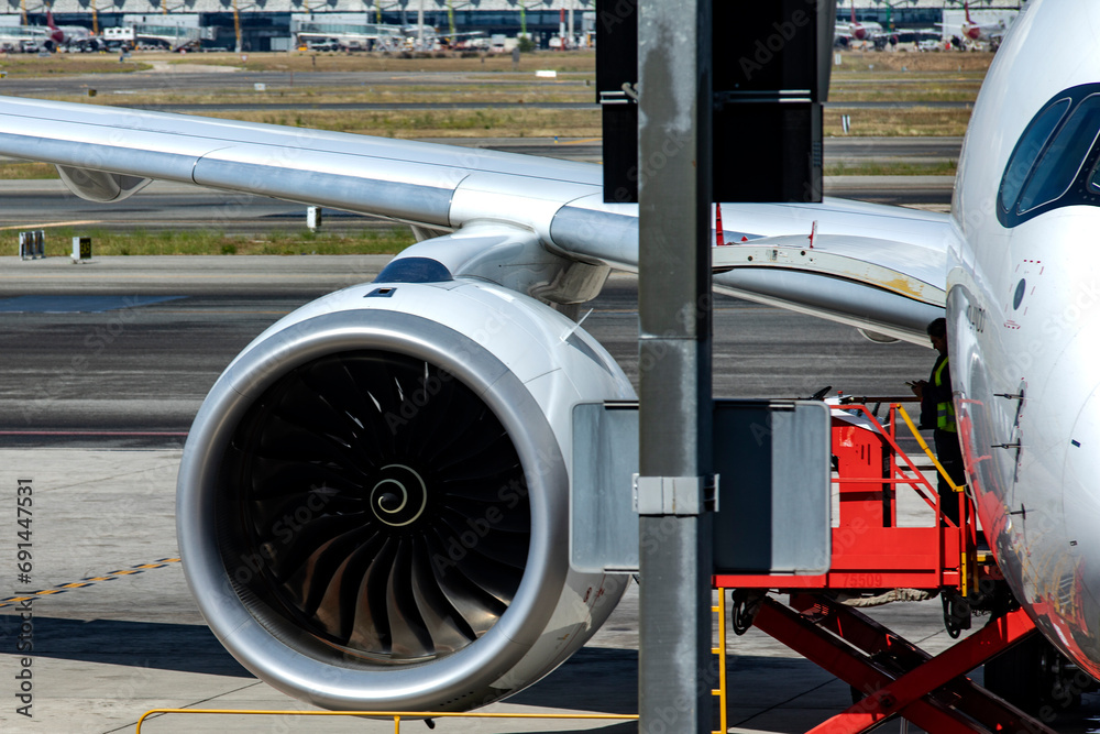 Madrid, Spain, May 31, 2023: Engine of an Airbus A350-900, a new ...