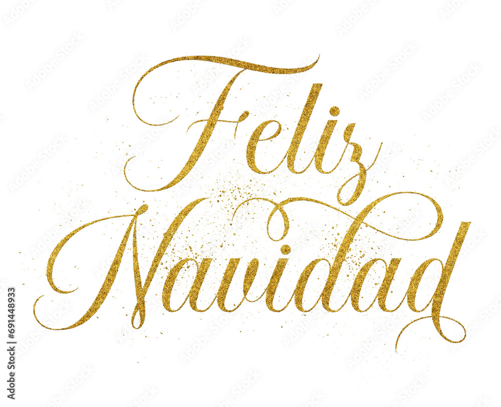 Feliz Navidad (Merry Christmas) Spanish text written in elegant script lettering with golden ...