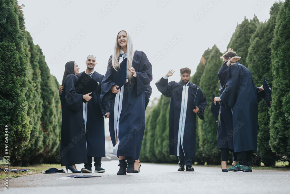 University Students Wearing Graduation Gowns And Caps Celebrate Their