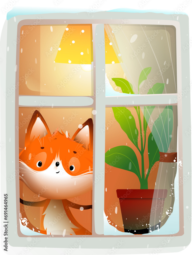 Vecteur Stock Cute little fox looking from window in winter or ...