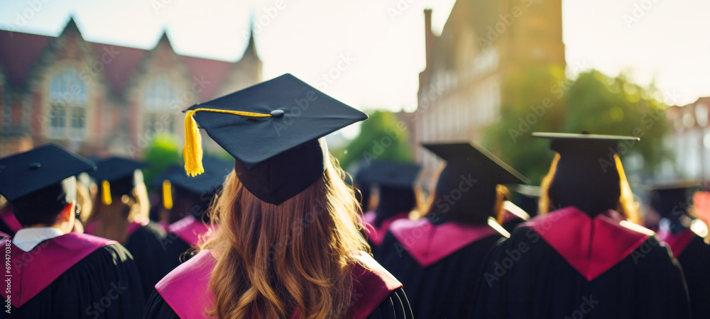 Successful graduation from university, Rear view of university ...