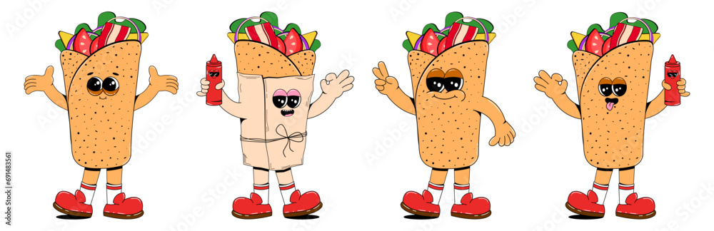 Set of burrito characters in retro cartoon style. Vector illustration ...