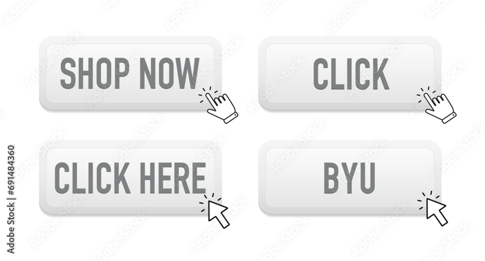 Click Here Web Buttons Set Of Action Button Hand Cursor And Arrow Pointing Click Link Buttons