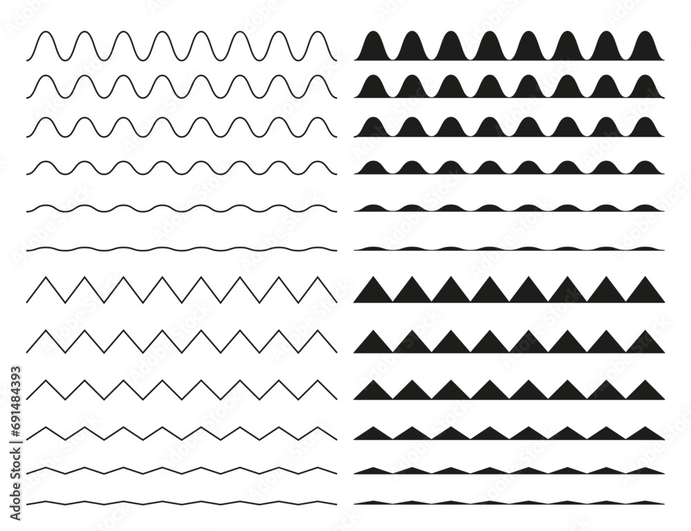 Big collection of seamless wavy lines. Graphic design elements. Outline ...