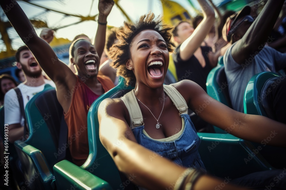 Group of diverse friends screaming with excitement on a roller coaster ...