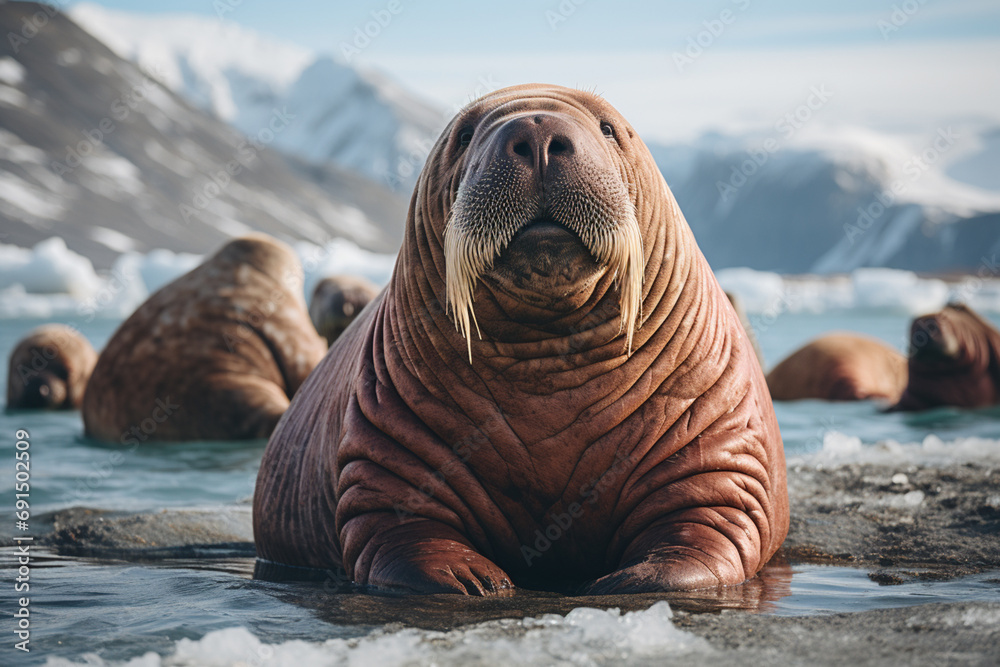 A walrus depicted with rounded, bulky shapes in a cold color palette ...