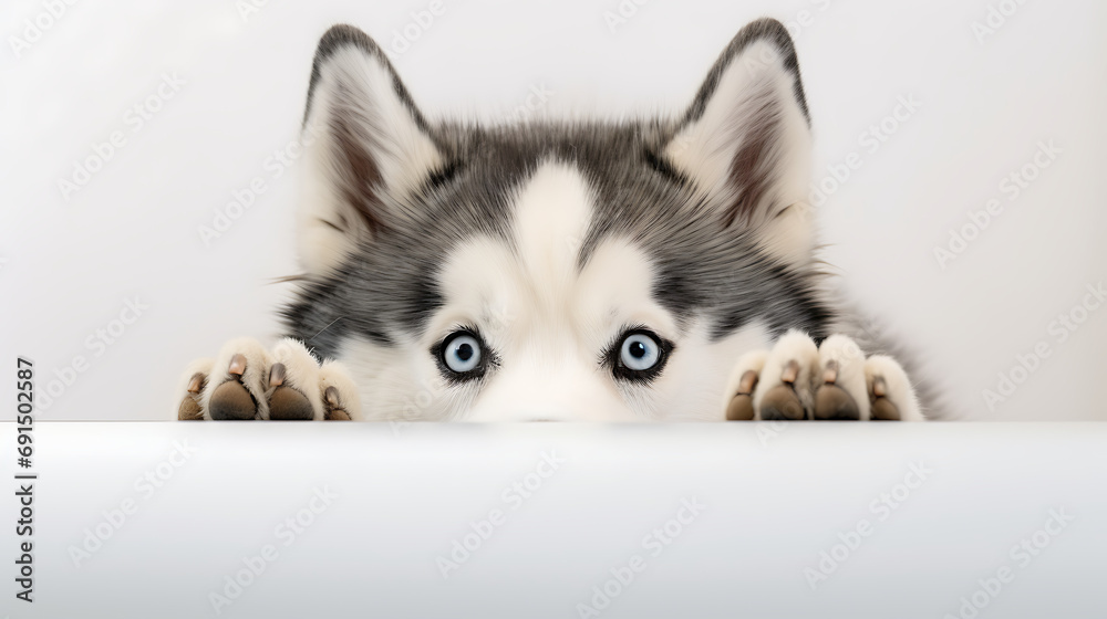 playfully peeking dog Siberian huskey isolated on a white background ...