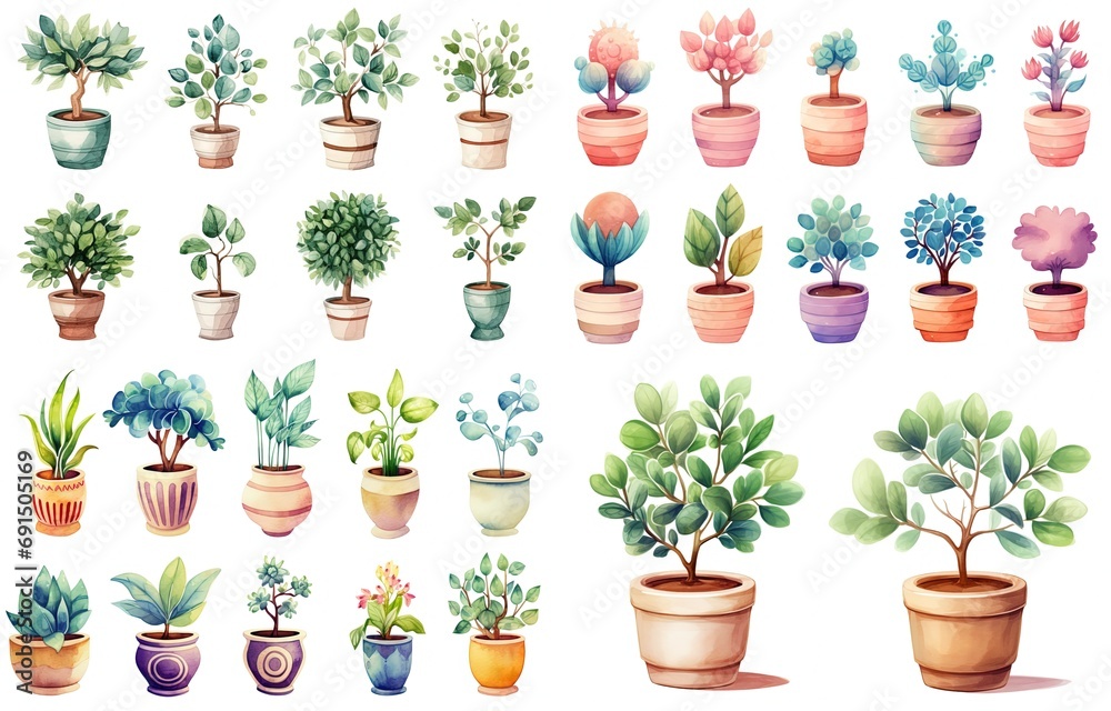 watercolor style illustration of cute boho pot plant in many shape and ...