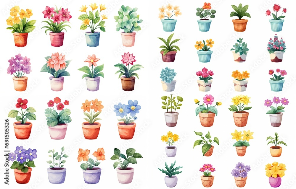 watercolor style cartoon illustration of cute flower pots blossoming in ...